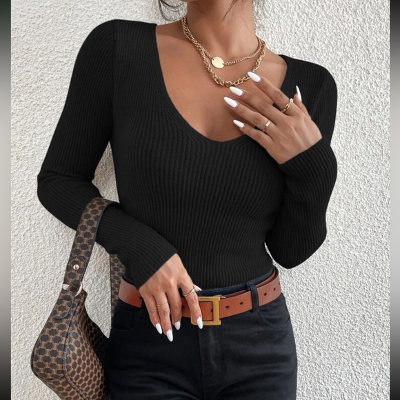Sweaters | Cozy Black Ribbed Knit V Neck Sweater Top | Poshmark